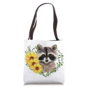 cute raccoon baby with sunflower rustic farmhouse tote bag