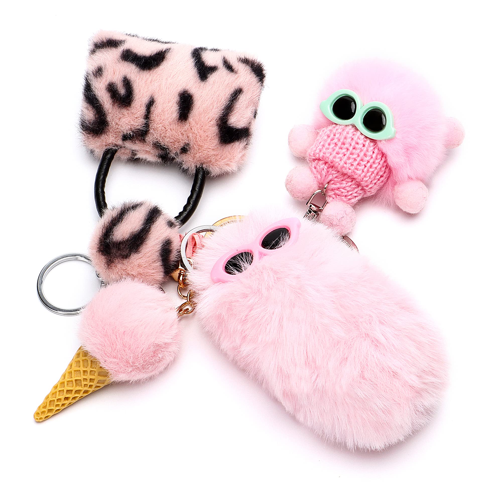 Qiiuuy 4 Pieces Cute Keychain Fluffy Faux Rabbit Fur Kawaii Keyring For Girls Womens Bag Carkeychain