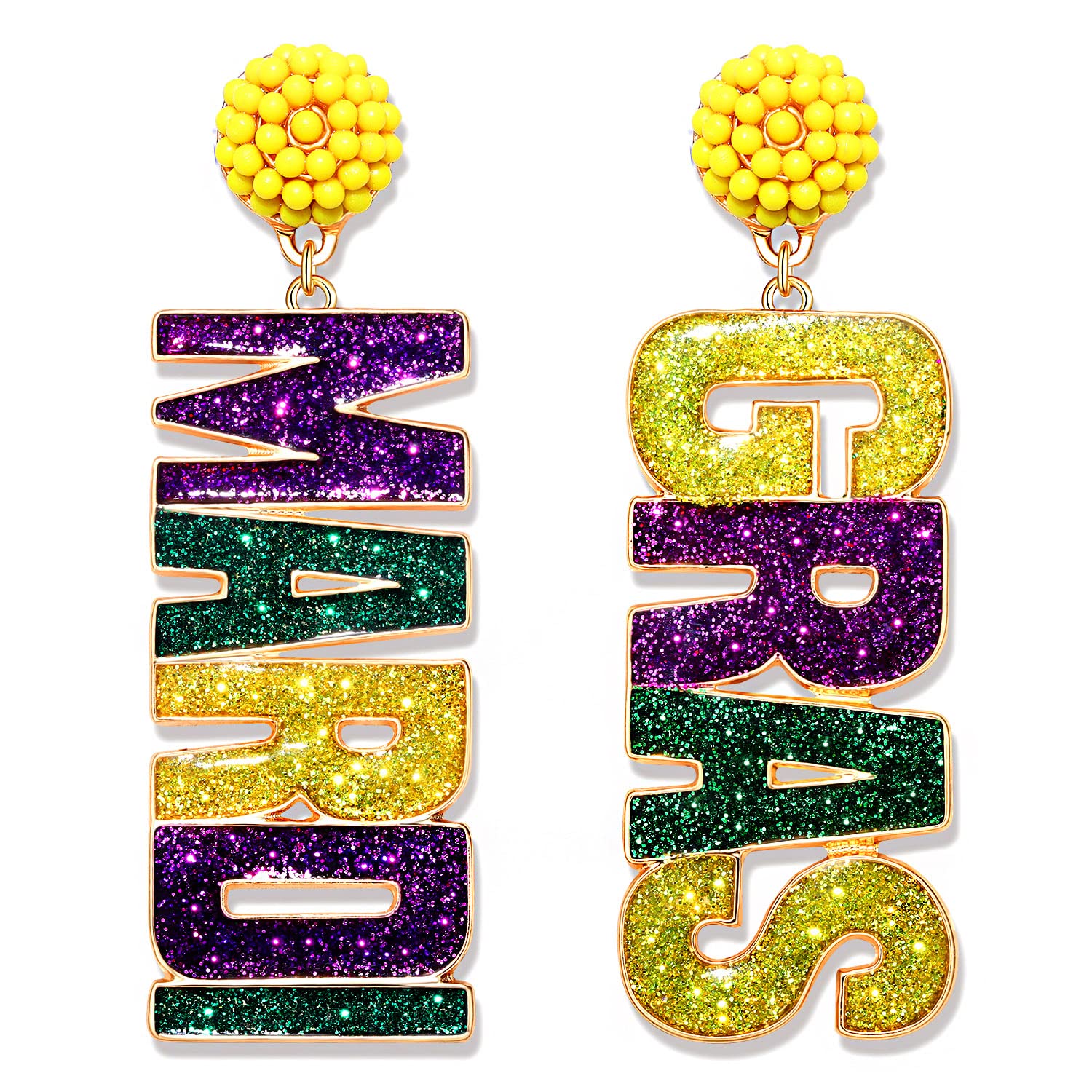 XOCARTIGE Mardi Gras Earrings Beaded Mask Letter MARDI GRAS Dangle Earrings for Women Crown Carnival Drop Earrings Holiday Jewelry Gifts (Letter)