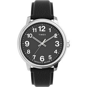 timex men's easy reader bold 43mm watch – silver-tone case black dial with black leather strap