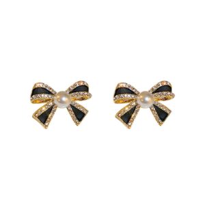 sweet bow knot small stud earrings 925 sterling silver pins cz crystal pearl butterfly tie statement earrings cartilage studs wedding christmas jewelry for women girls (black)