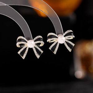 Sweet Bow Knot Small Stud Earrings 925 Sterling Silver Pins CZ Crystal Pearl Butterfly Tie Statement Earrings Cartilage Studs Wedding Christmas Jewelry for Women Girls (Black)