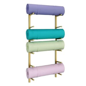 lhrui yoga mat holder yoga mat rack wall mount exercise mats storage holder, gym studio bedroom garage iron foam roller racks, including all mounting accessories (color : gold)