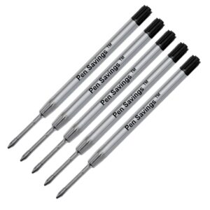 5 pack, pen savings ballpoint pen refills compatible with parker ballpoint pens, medium point (bulk packed) (black)