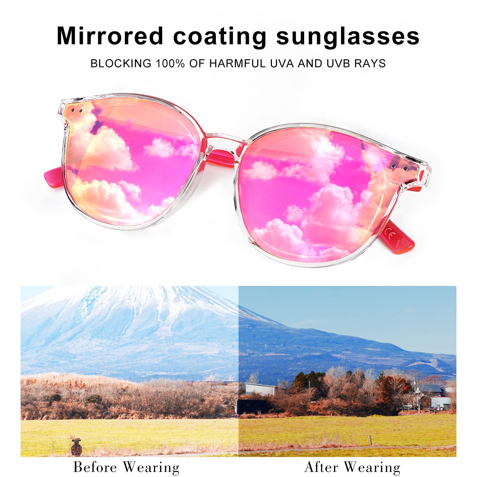 Sumato Sunglasses Womens, Cat Eye Pink Sunglasses for Women with Mirrored Trendy Lens UV400 Blocking