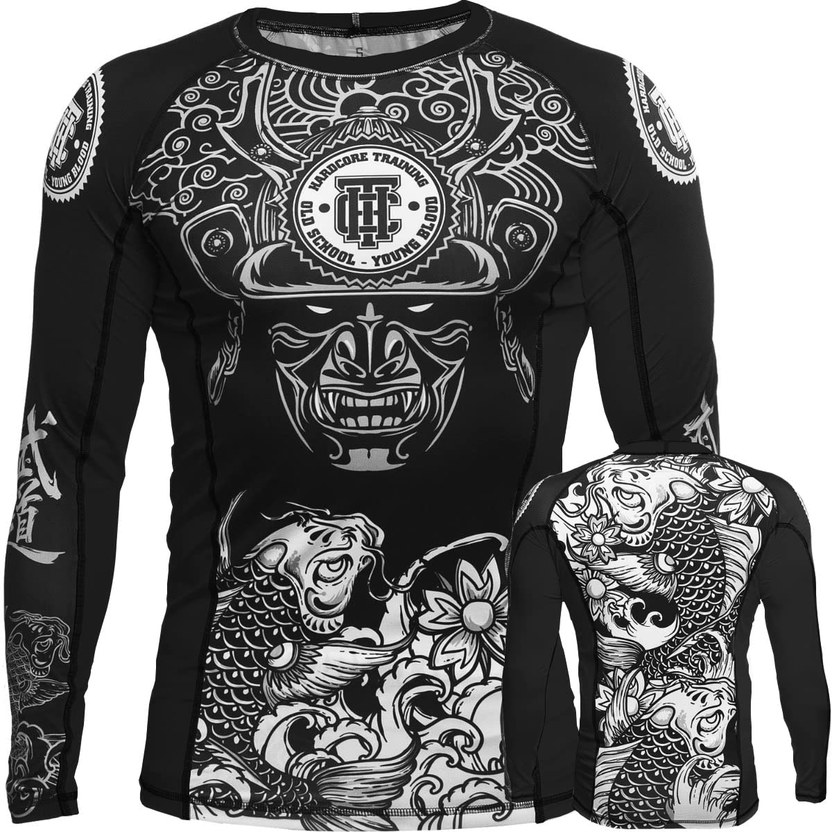 Hardcore Training Koi Men's Rash Guard Compression Long Sleeve Jiu Jitsu MMA No-Gi Tight BJJ Grappling Base Layer Combat Black/Black