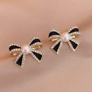 Sweet Bow Knot Small Stud Earrings 925 Sterling Silver Pins CZ Crystal Pearl Butterfly Tie Statement Earrings Cartilage Studs Wedding Christmas Jewelry for Women Girls (Black)