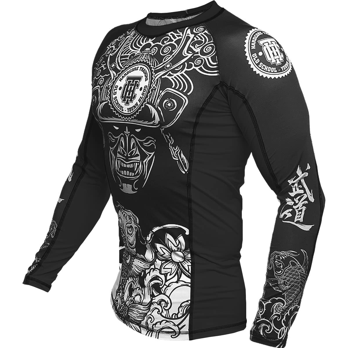 Hardcore Training Koi Men's Rash Guard Compression Long Sleeve Jiu Jitsu MMA No-Gi Tight BJJ Grappling Base Layer Combat Black/Black