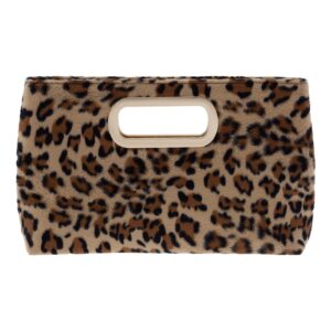 leopard print faux fur top handle clutch, mustard