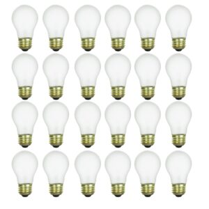 sunlite 41622 incandescent appliance a15 light bulb, 15 watts, 70 lumens, medium base (e26), dimmable, mercury free, 2600k warm white, frost, 24 count