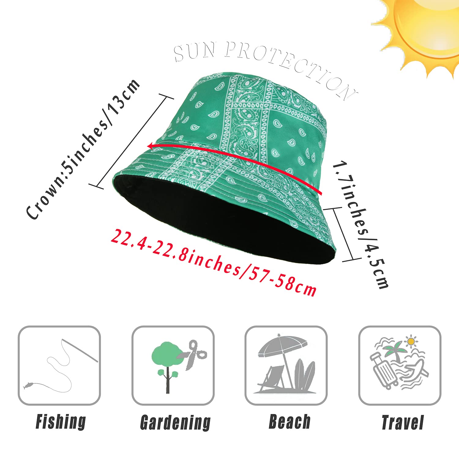 MEANBEAUTY Bucket Hat Cotton Style Unisex Fisherman Sun Hats for Men and Women Cashew Flower Outdoor Cap Beach Hat(Green)