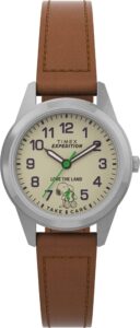 timex x peanuts expedition scout 40mm watch – take care of the earth silver-tone case natural dial with brown ecco dritan leather strap