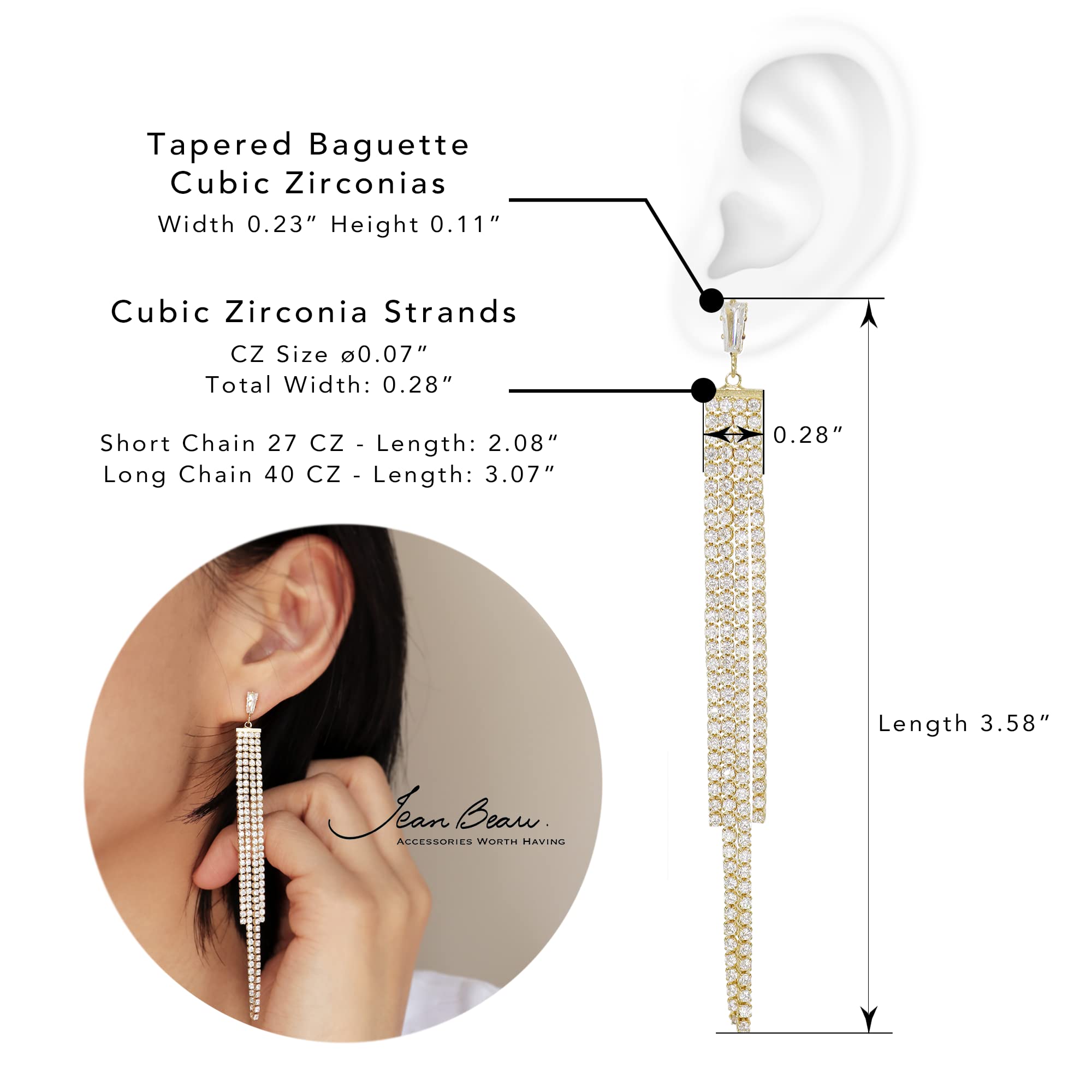 JeanBeau Simple Long Tassel Chain Earrings for Women, Minimalist Gold Brass Rhinestone Cubic Zirconia Strand Bridal Chandelier Fringe Waterfall Dangle Drop Earrings Jewelry Gifts