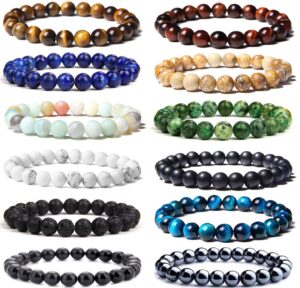 svovin 12 pcs 8mm gemstones beaded bracelets for men women semi-precious stone stretch round bead crystal bracelets unisex