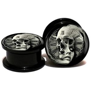 skull & clock screw-on acrylic ear gauges - pair (2pcs) ear plugs - 8 size options (1/2" (12mm))