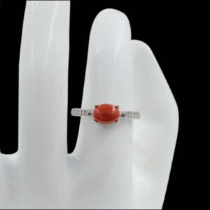 925 Sterling Silver Natural Red Coral 8X6 MM Oval Cut May Birthstone Solitaire Unisex Proposal Ring Engagement Gift For Bridal (Yellow Gold Rhodium Plated Silver, 6.5)