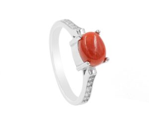 925 sterling silver natural red coral 8x6 mm oval cut may birthstone solitaire unisex proposal ring engagement gift for bridal (yellow gold rhodium plated silver, 6.5)