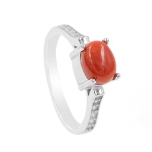 925 Sterling Silver Natural Red Coral 8X6 MM Oval Cut May Birthstone Solitaire Unisex Proposal Ring Engagement Gift For Bridal (Yellow Gold Rhodium Plated Silver, 6.5)