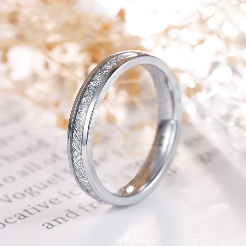 THREE KEYS JEWELRY Women Wedding Hunting 4mm Bands Titanium Viking Carbide Meteorite Ring with Jewels Polished Infinity Unique for Her Silver size 6.5A size 6.5