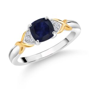 gem stone king 925 sterling silver and 10k yellow gold 2 tone blue sapphire and white lab grown diamond engagement ring for women (1.33 cttw, cushion 6mm, available in size 5, 6, 7, 8, 9)