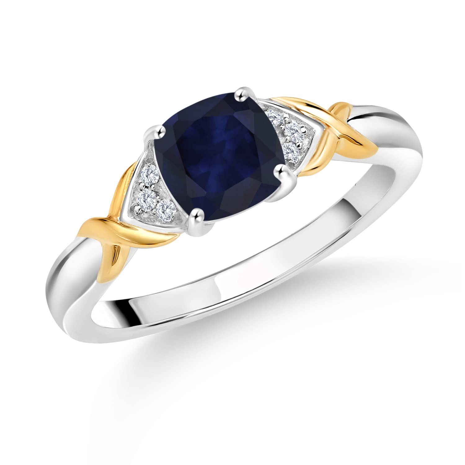 Gem Stone King 925 Sterling Silver and 10K Yellow Gold 2 Tone Blue Sapphire and White Lab Grown Diamond Engagement Ring For Women (1.33 Cttw, Cushion 6MM, Available In Size 5, 6, 7, 8, 9)