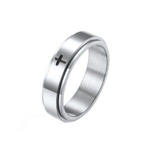 jajafook titanium steel rotatable ring classic cross relieving anxiety spinner ring for men women silver size10