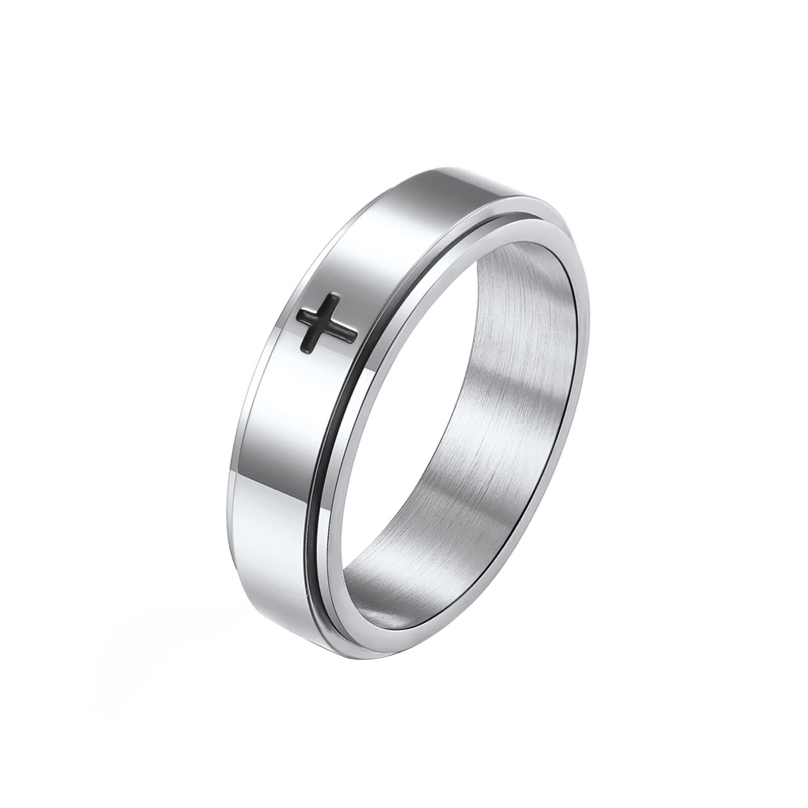 JAJAFOOK Titanium Steel Rotatable Ring Classic Cross Relieving Anxiety Spinner Ring for Men Women Silver Size10