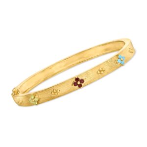 ross-simons 0.30 ct. t.w. multi-gemstone floral bangle bracelet in 18kt gold over sterling. 7 inches