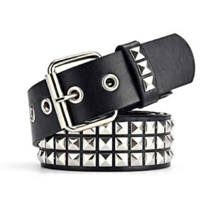 studded belt, 3 row metal pyramid silver square beads punk leather belt, gothic punk pants jeans belt for women men (black) 110 x 3.8 cm