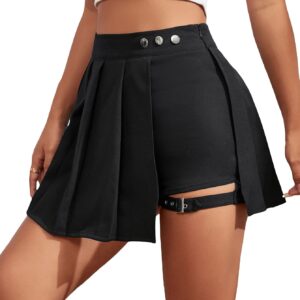 WDIRARA Women's High Waist Pleated Button Skort Asymmetrical Skirt Shorts Black Plain Petite L