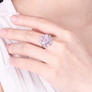 Guoshang Women Pink Crystal Flower Rings Silver CZ Crystal Rings Large Flowers Floral Rings,Pink,#10