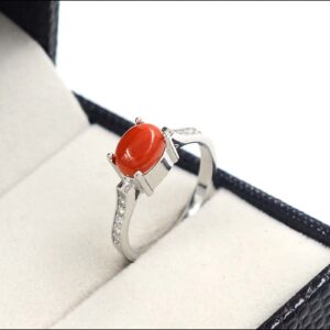 925 Sterling Silver Natural Red Coral 8X6 MM Oval Cut May Birthstone Solitaire Unisex Proposal Ring Engagement Gift For Bridal (Yellow Gold Rhodium Plated Silver, 6.5)