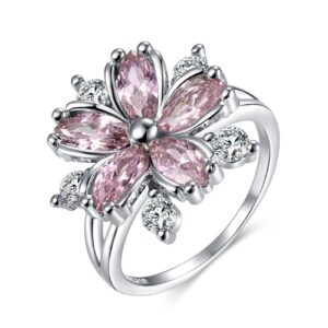 guoshang women pink crystal flower rings silver cz crystal rings large flowers floral rings,pink,#10