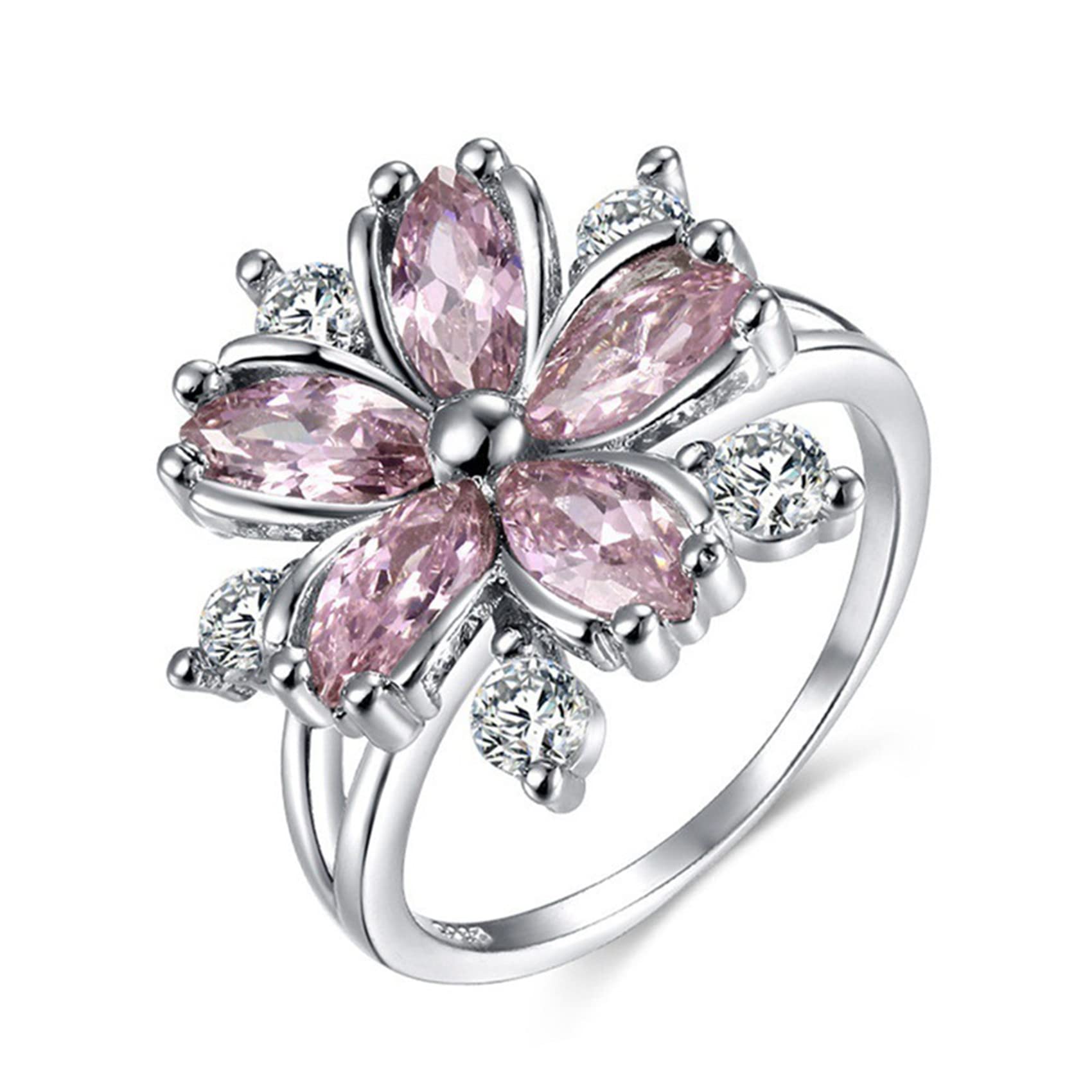 Guoshang Women Pink Crystal Flower Rings Silver CZ Crystal Rings Large Flowers Floral Rings,Pink,#8