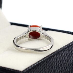 925 Sterling Silver Natural Red Coral 8X6 MM Oval Cut May Birthstone Solitaire Unisex Proposal Ring Engagement Gift For Bridal (Yellow Gold Rhodium Plated Silver, 6.5)