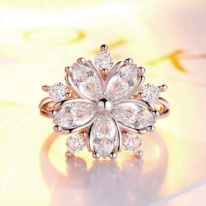 Guoshang Women Pink Crystal Flower Rings Silver CZ Crystal Rings Large Flowers Floral Rings,Pink,#10