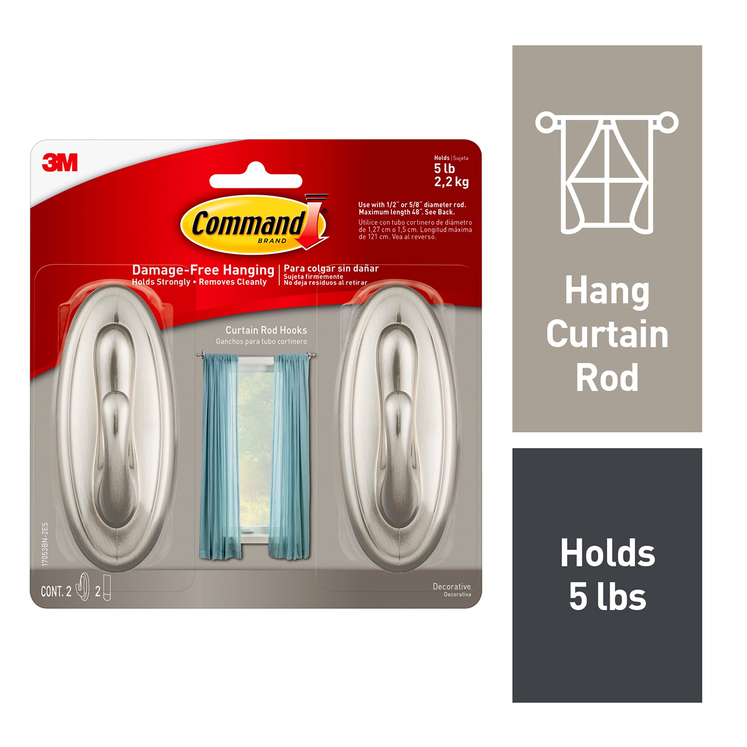 Command Curtain Rod Hooks for 1/2" or 5/8" Diameter Rods, 4 Hooks, Large (2-Pack of 2 Hooks)