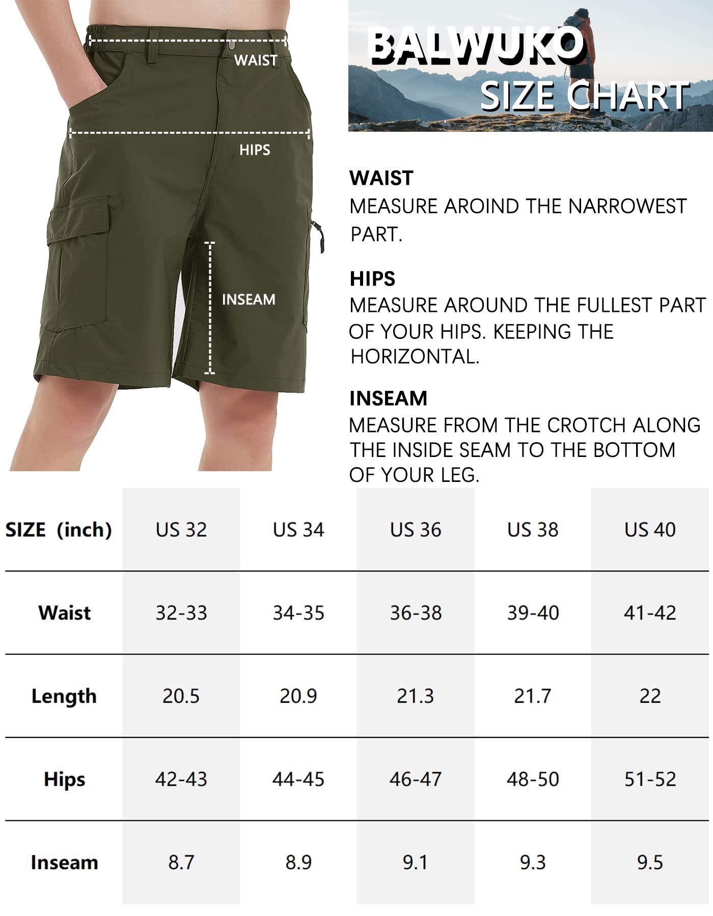 Men's Quick Dry Cargo Hiking Shorts Stretchy Lightweight 5 Pockets Camping Cycling Fishing Work Shorts Army Green 40