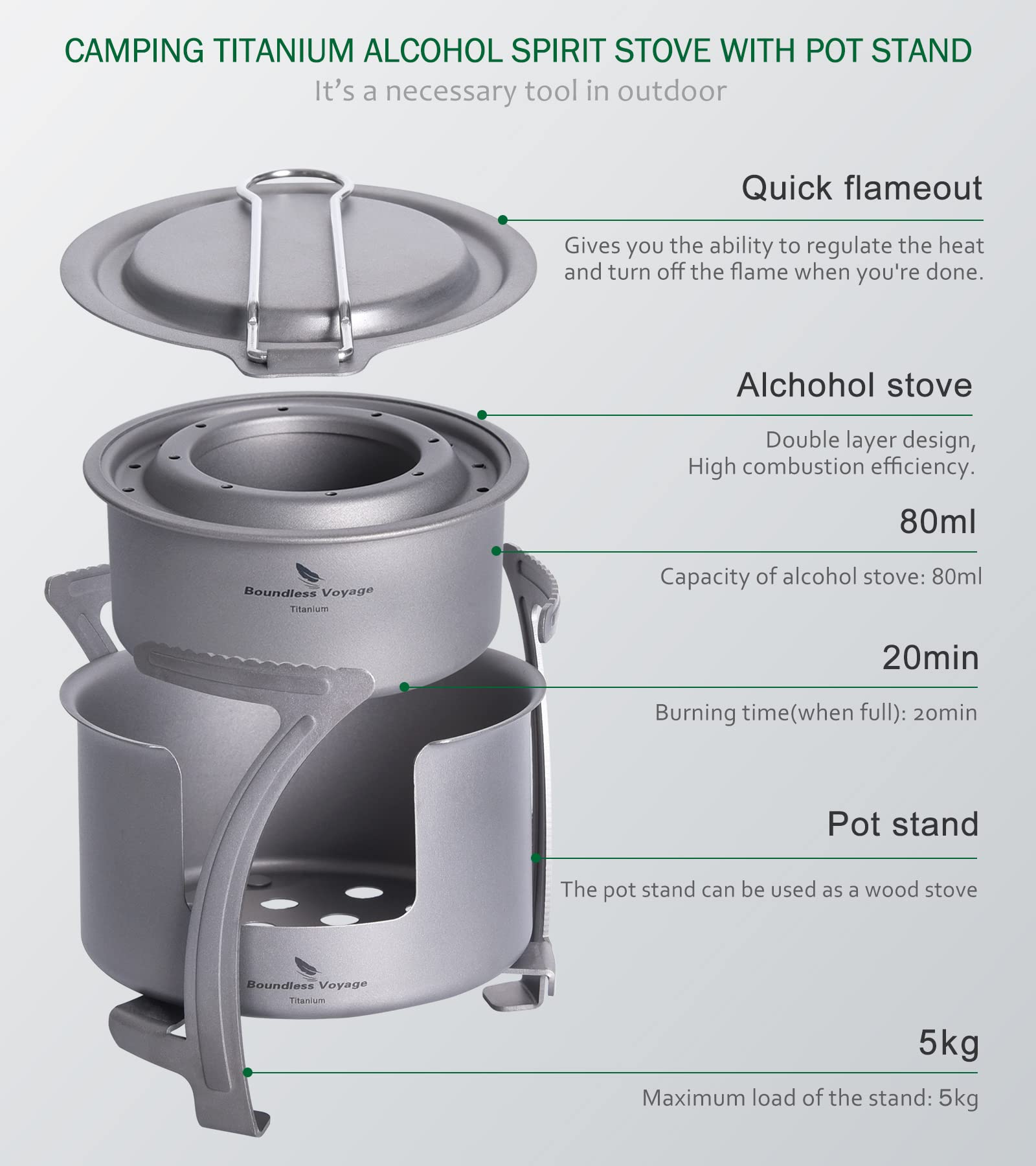 Boundless Voyage Camping Titanium Spirit Alcohol Stove with Pot Stand Backpacking Wood Stove Outdoor Mini Wood Furnace Burner Ti2013C