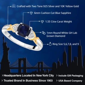 Gem Stone King 925 Sterling Silver and 10K Yellow Gold 2 Tone Blue Sapphire and White Lab Grown Diamond Engagement Ring For Women (1.33 Cttw, Cushion 6MM, Available In Size 5, 6, 7, 8, 9)