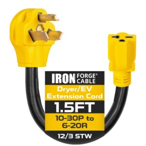 iron forge cable 10-30p to 6-20r ev charger adapter cord, 1.5 ft - 12/3 stw 30 amp male plug to 20 amp female receptacle