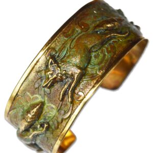 Elaine Coyne Collectible Artwear Olive Patina Solid Brass Fox Cuff