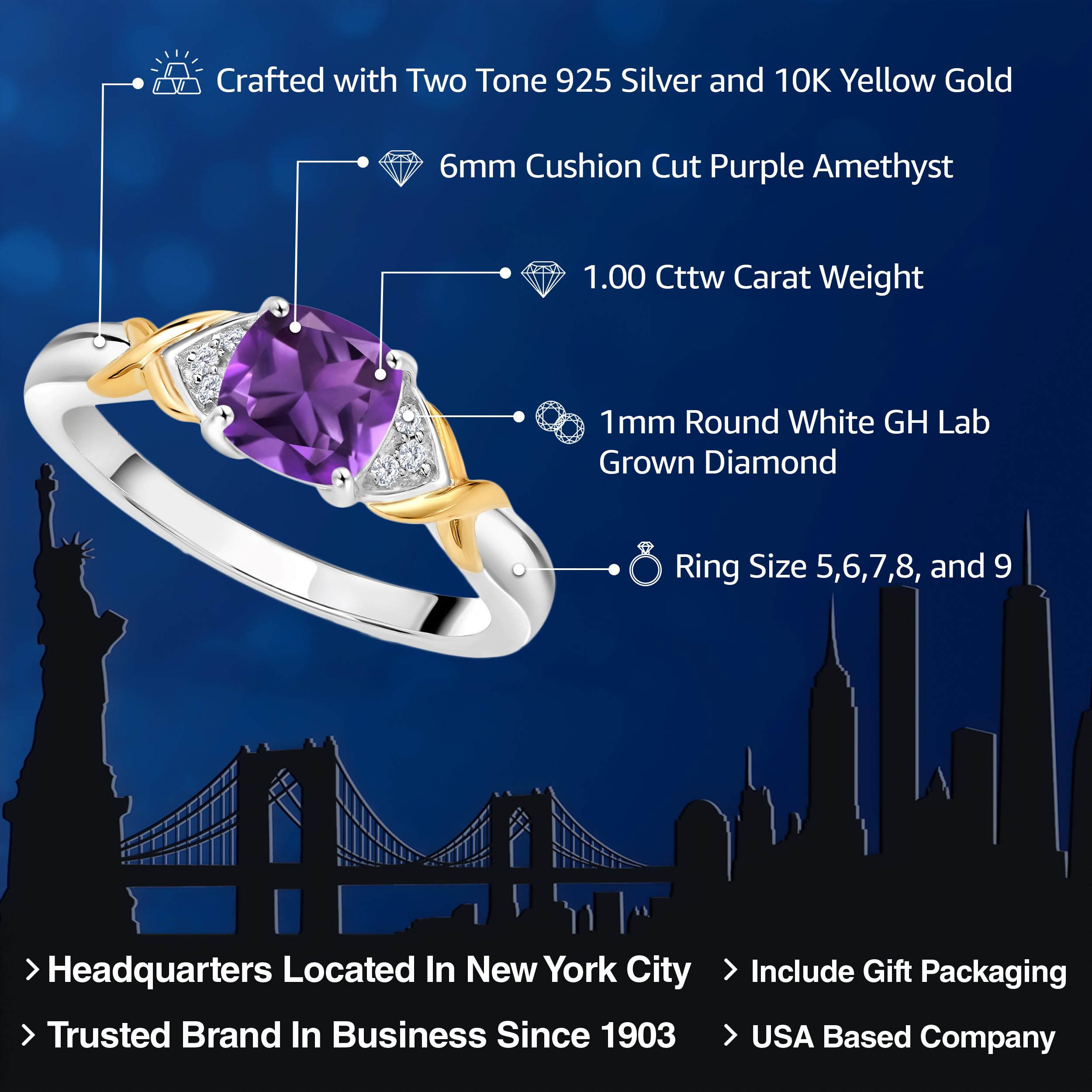 Gem Stone King 925 Sterling Silver and 10K Yellow Gold Purple Amethyst and White Lab Grown Diamond Engagement Ring For Women (1.00 Cttw, Cushion 6MM, Available In Size 5, 6, 7, 8, 9)