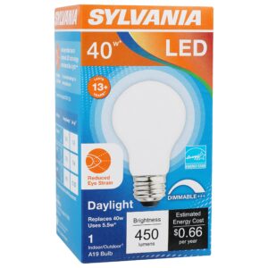 sylvania reduced eye strain a19 led light bulb, 40w = 5.5w, 13 year, dimmable, frosted, 5000k, daylight - 1 pk