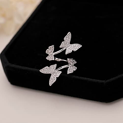 Jukoclut Dainty Plated Cubic Zirconia Butterfly Charm Stacking Adjustable Open Rings for Women Silver