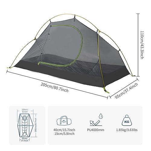 Naturehike Bikepacking 1 Person Tent, Waterproof Easy Set up Free Standing Single Person Tent, Lightweight Backpacking Tent for 1 Person, One Person Tent with Footprint Included