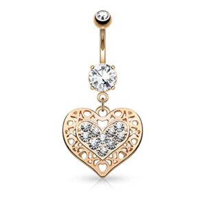 tribal heart filigree 14k gold plated surgical steel navel belly button ring 14g - rose gold