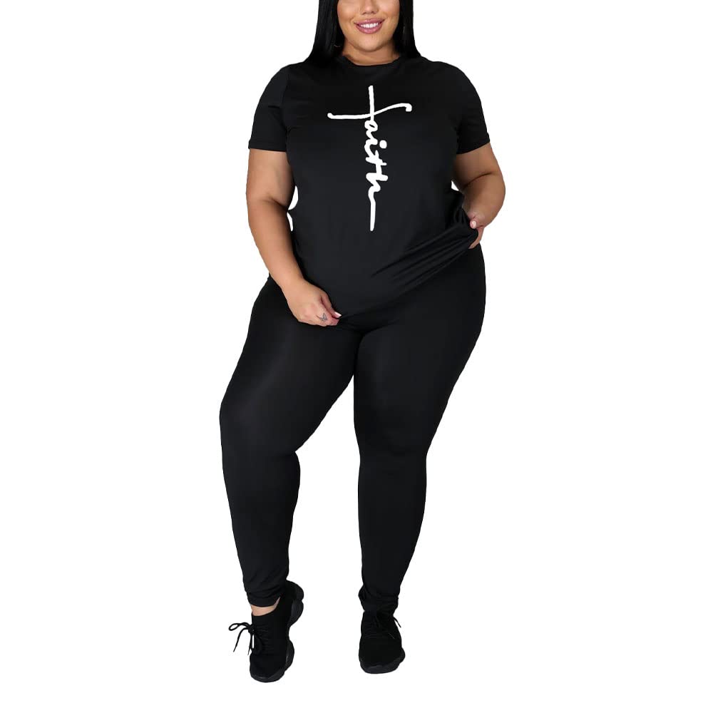 PINSV Plus Size Two Piece Outfits For Women Summer Short Sleeve Tops Casual Pants Sets Loungewear Set Sweatsuits Jogging Suits Print Faith 5X