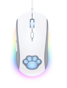 phnixgam cat paw rgb gaming mouse, silent optical computer mice usb wired with 6 adjustable dpi up to 7200, rgb lighting, 6 programmable buttons for windows/vista/linux (white)