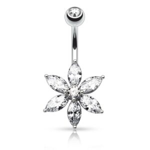 marquise cut cz flower petal surgical steel navel belly button ring 14g 3/8" - clear